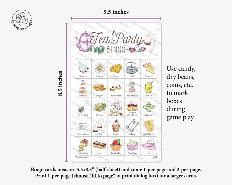 Tea Party Bingo Cards: 50 Printable Bingo Cards, Women's Ladies' Kids ...