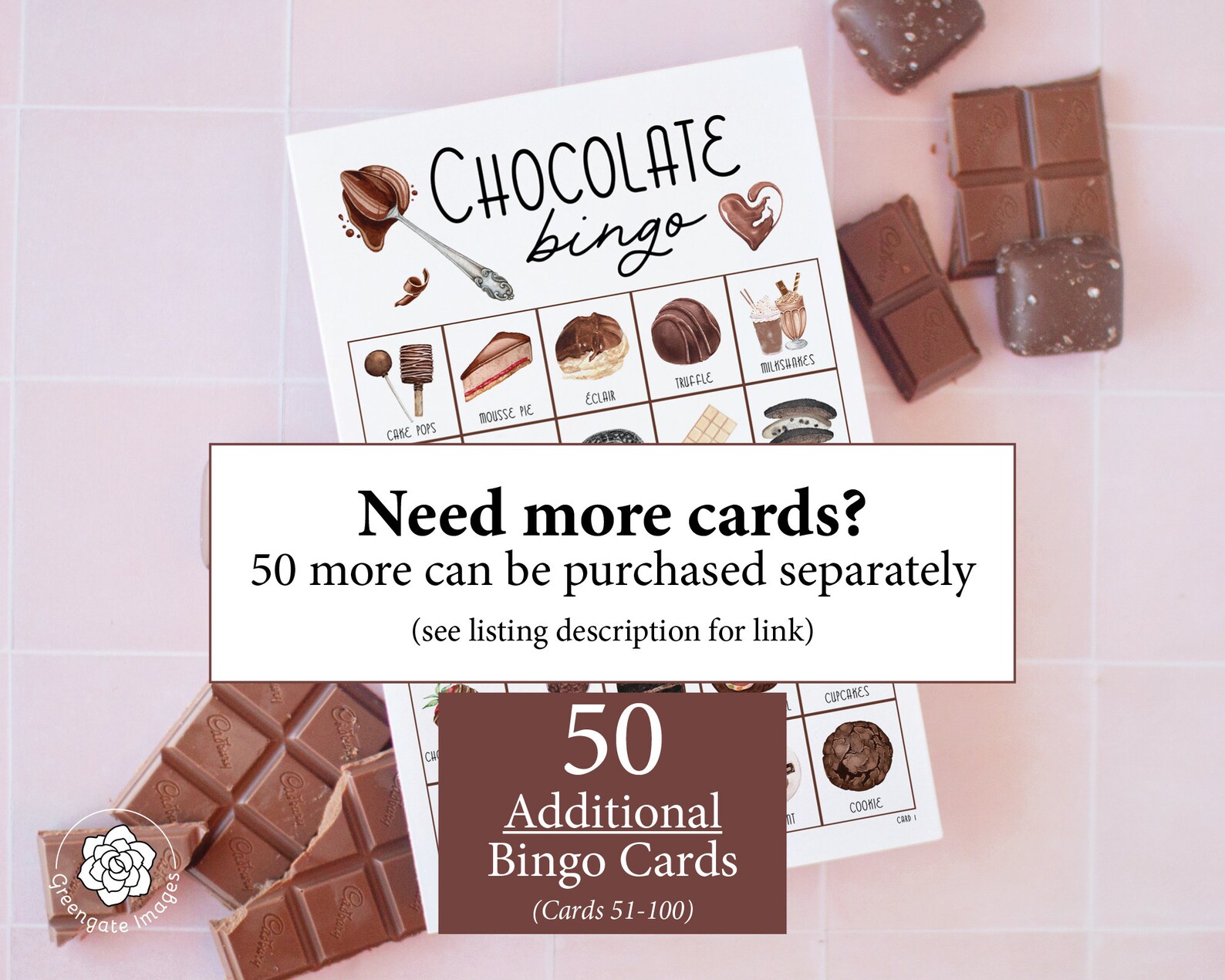 Chocolate Bingo Cards: Printable Bingo Cards, Color Pictures, 50 Cards ...