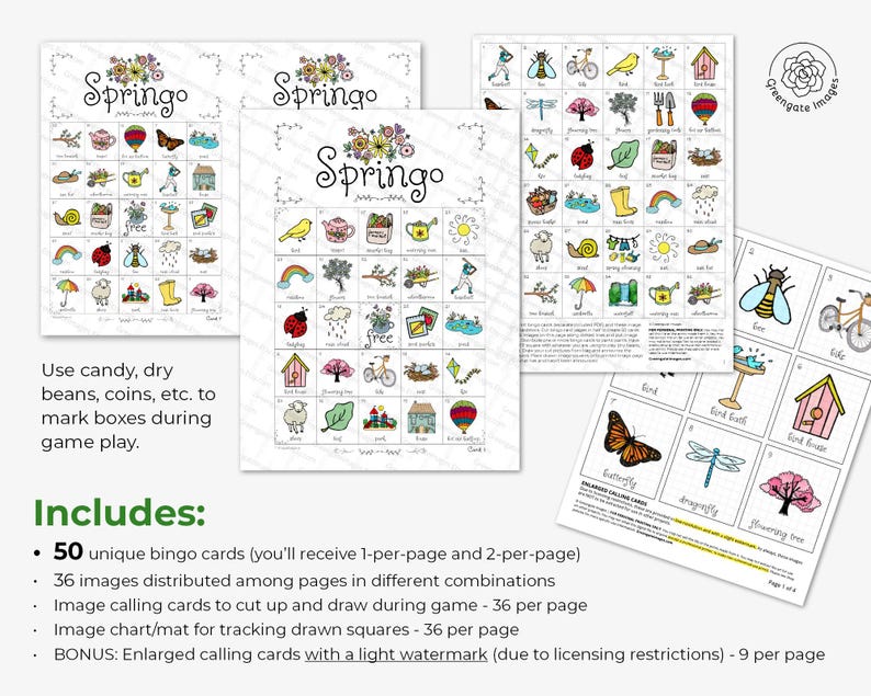 Spring Bingo - 50 PRINTABLE Unique Cards. Senior Citizen Activity, Kids ...