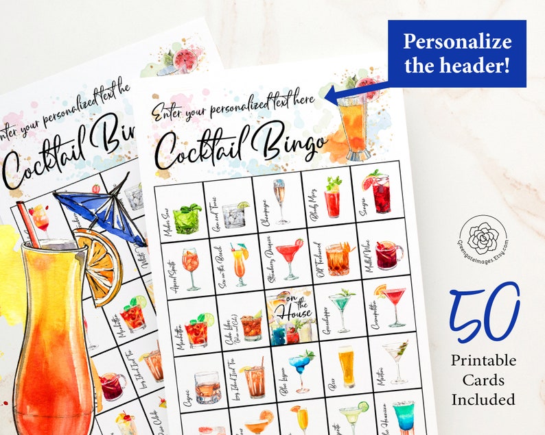Cocktail Bingo: 50 Printable Bingo Cards With Labeled Alcoholic ...
