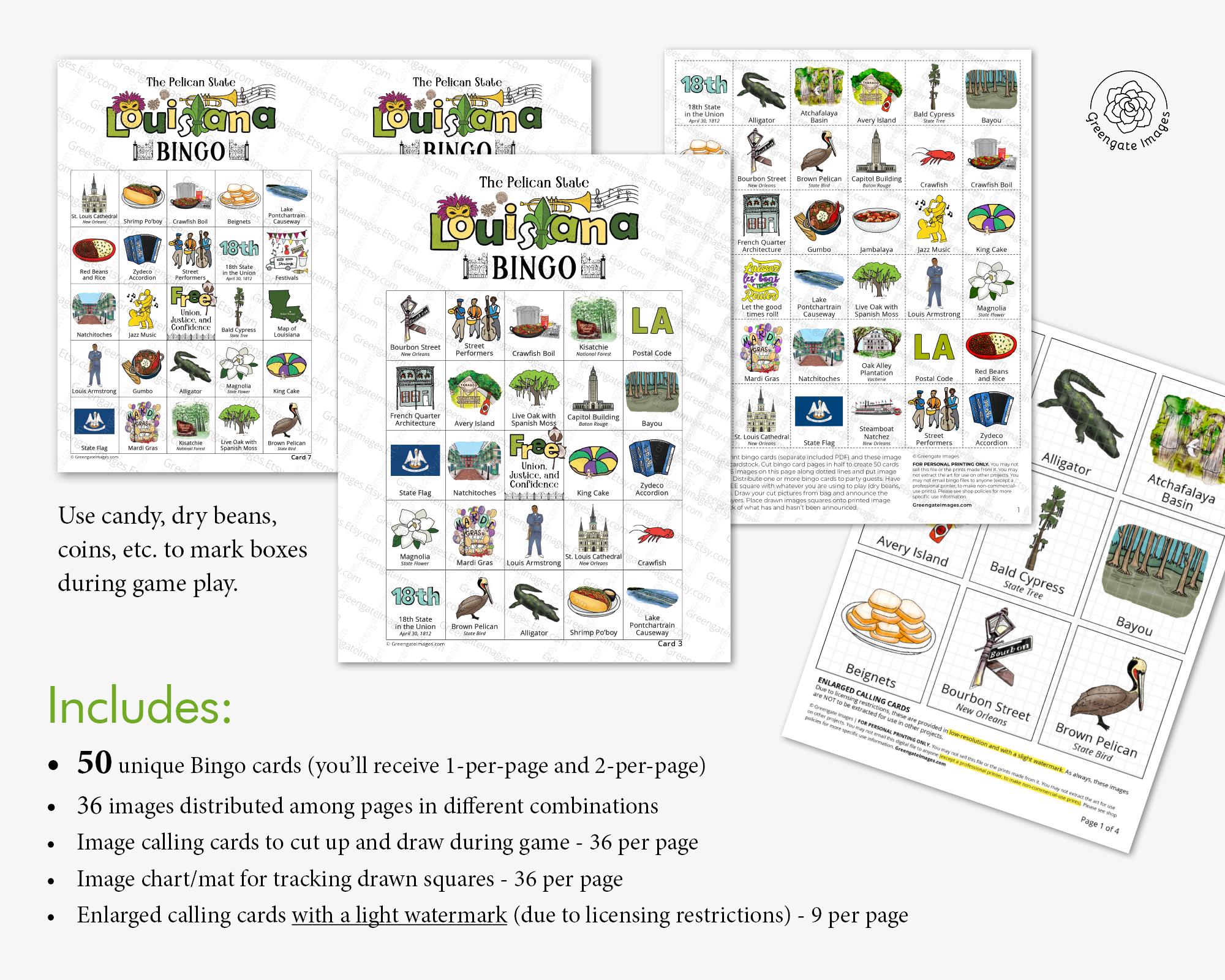 Louisiana Bingo Cards - 50 PRINTABLE Unique Cards Download Instantly ...