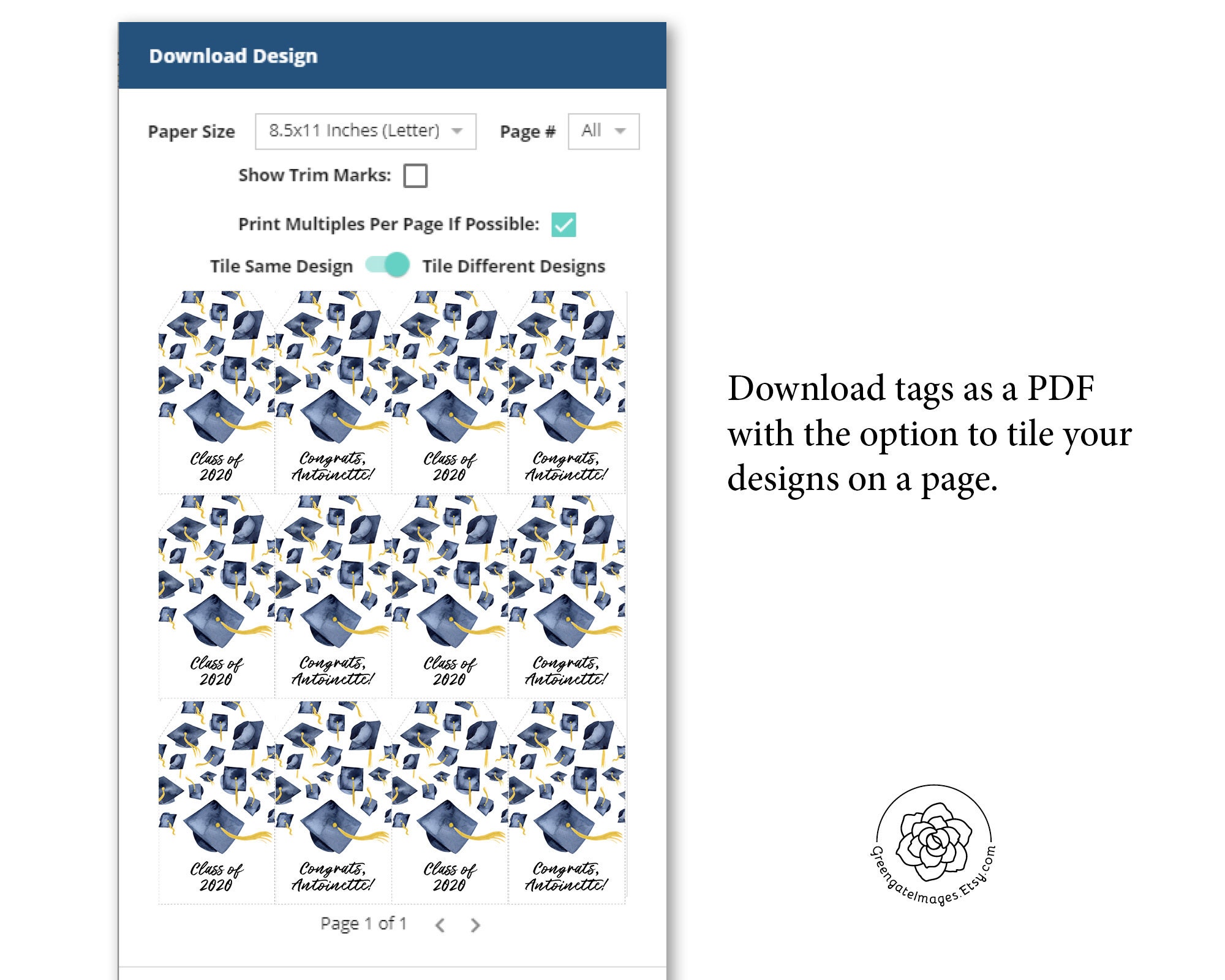 Navy Blue Graduation Cap Gift Tags - PRINTABLE, Editable Corjl, Favor ...