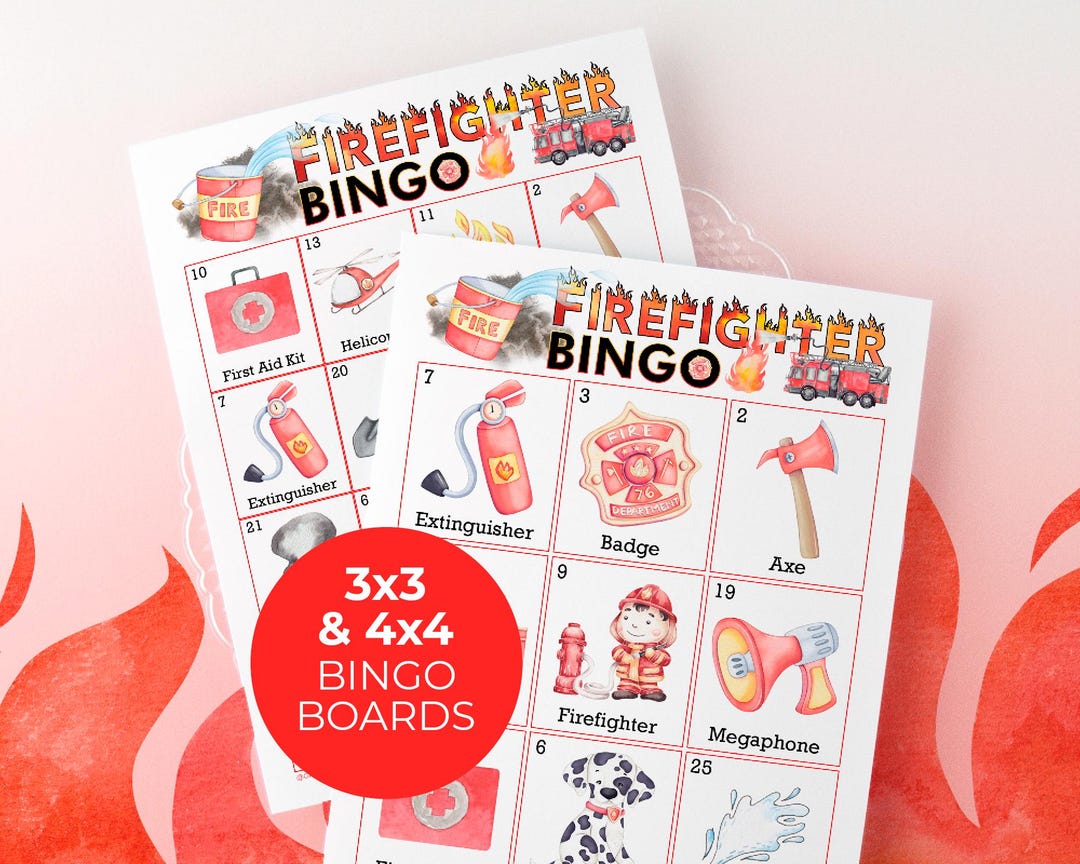 Firefighter Bingo for Kids - 50 PRINTABLE Unique Cards. 3x3 & 4x4 Large ...