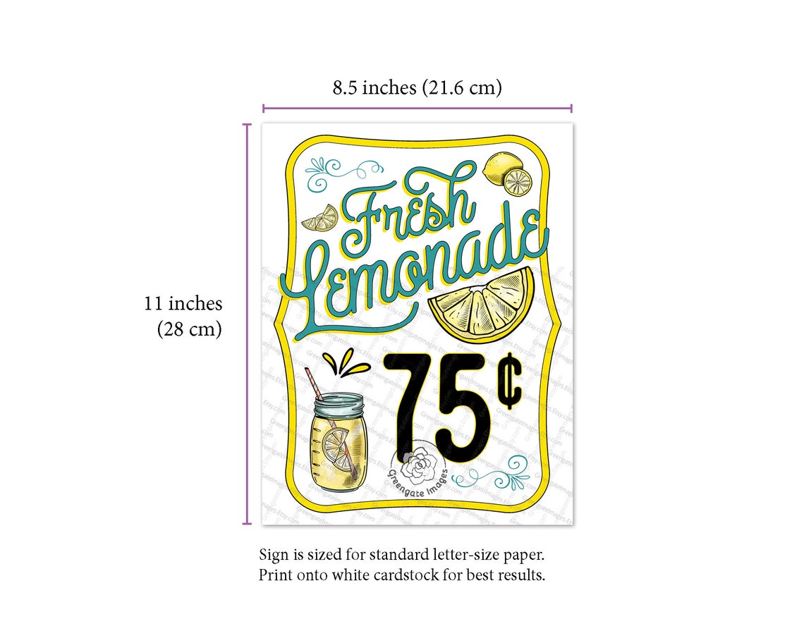 Fresh Lemonade Sign PRINTABLE Corjl 8.5x11 Sign - Etsy