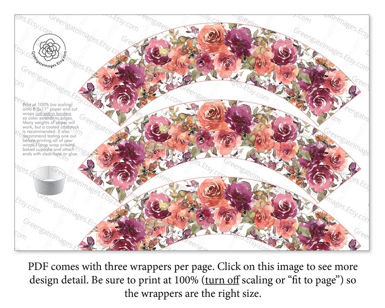 Wedding Cupcake Wrappers - PRINTABLE Floral Cupcake Wraps Pdf, Burnt ...