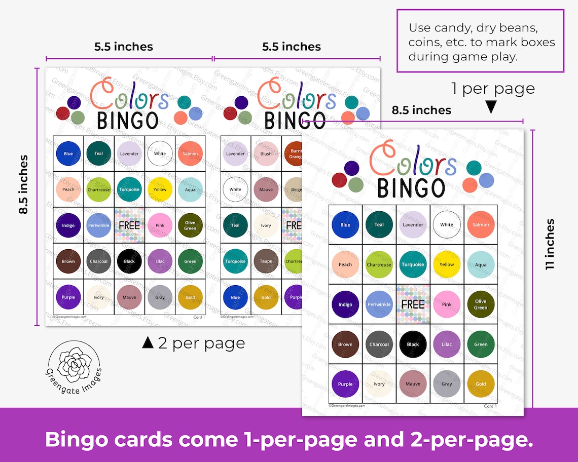 Colors Bingo Cards: Printable Bingo, 50 Cards, Senior Citizen ...