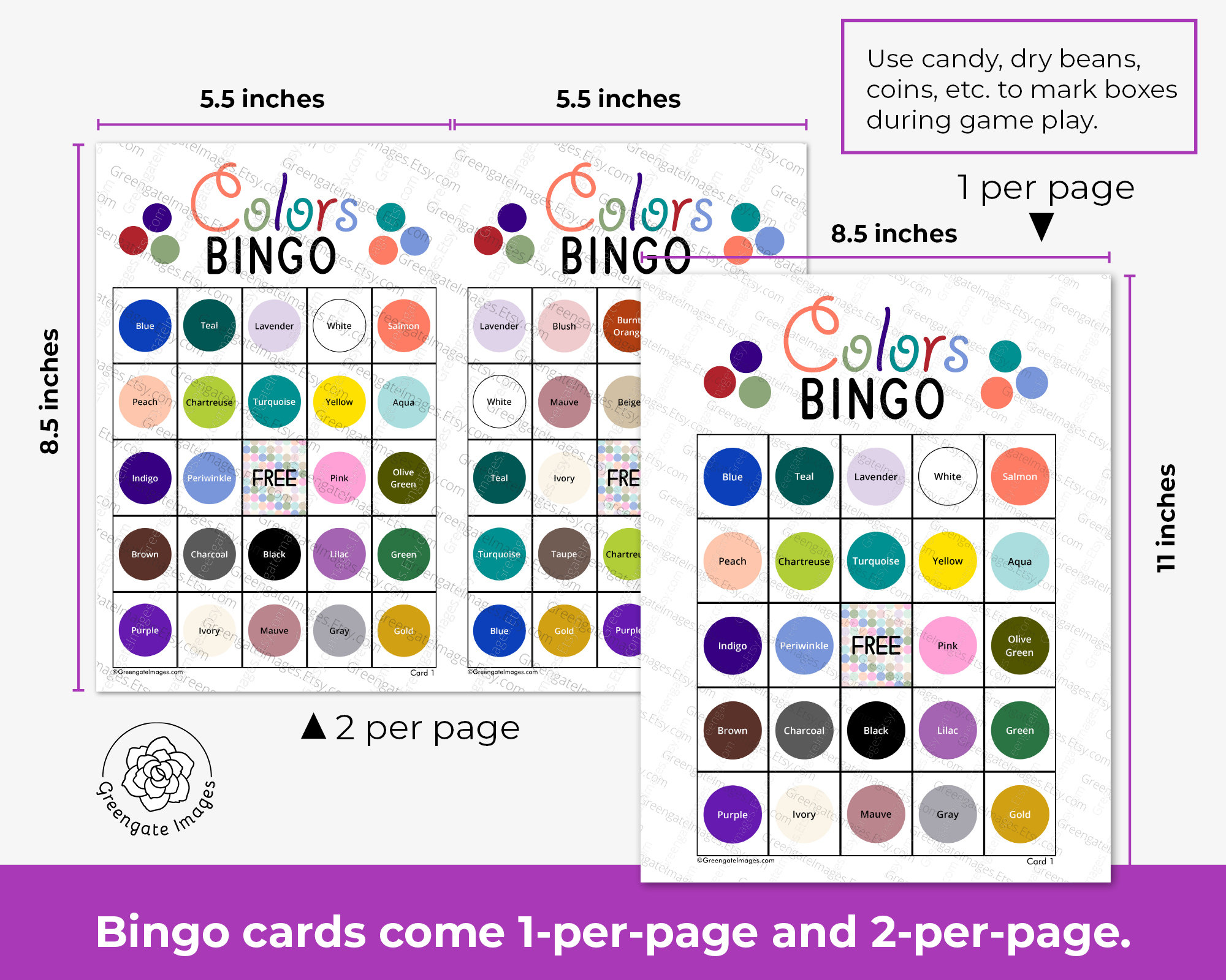 Colors Bingo Cards: Printable Bingo, 50 Cards, Senior Citizen ...