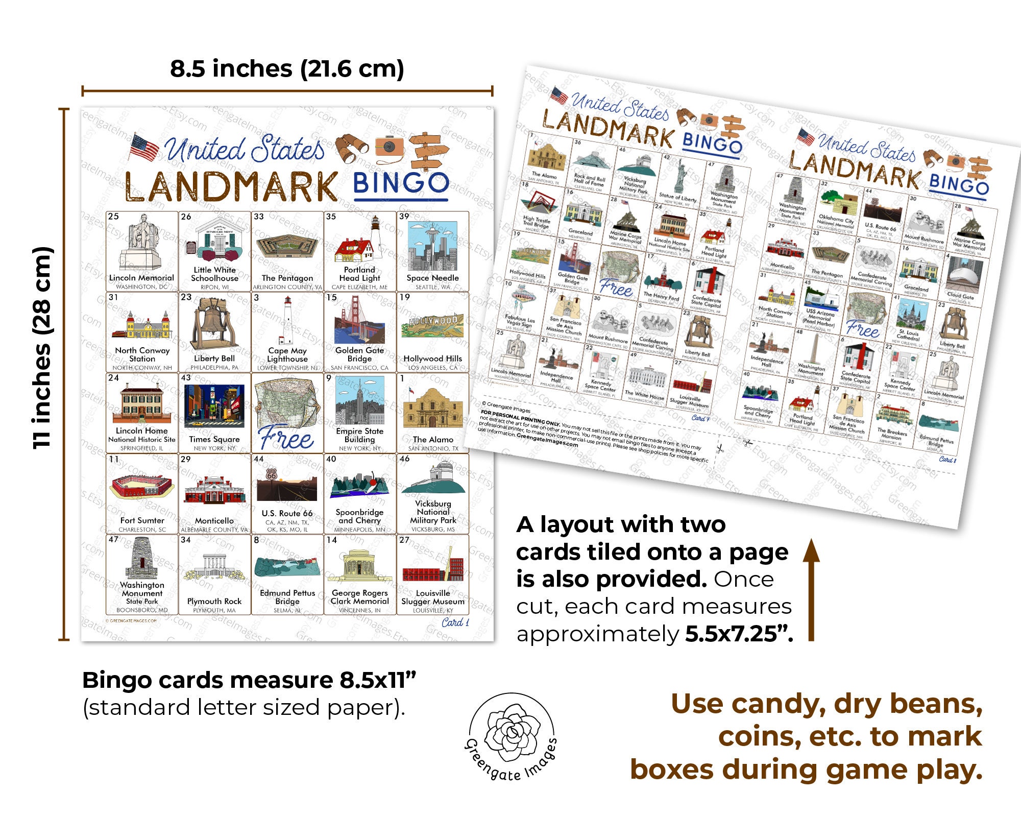 US Landmarks Bingo - 50 PRINTABLE Unique Cards. Instant Digital ...