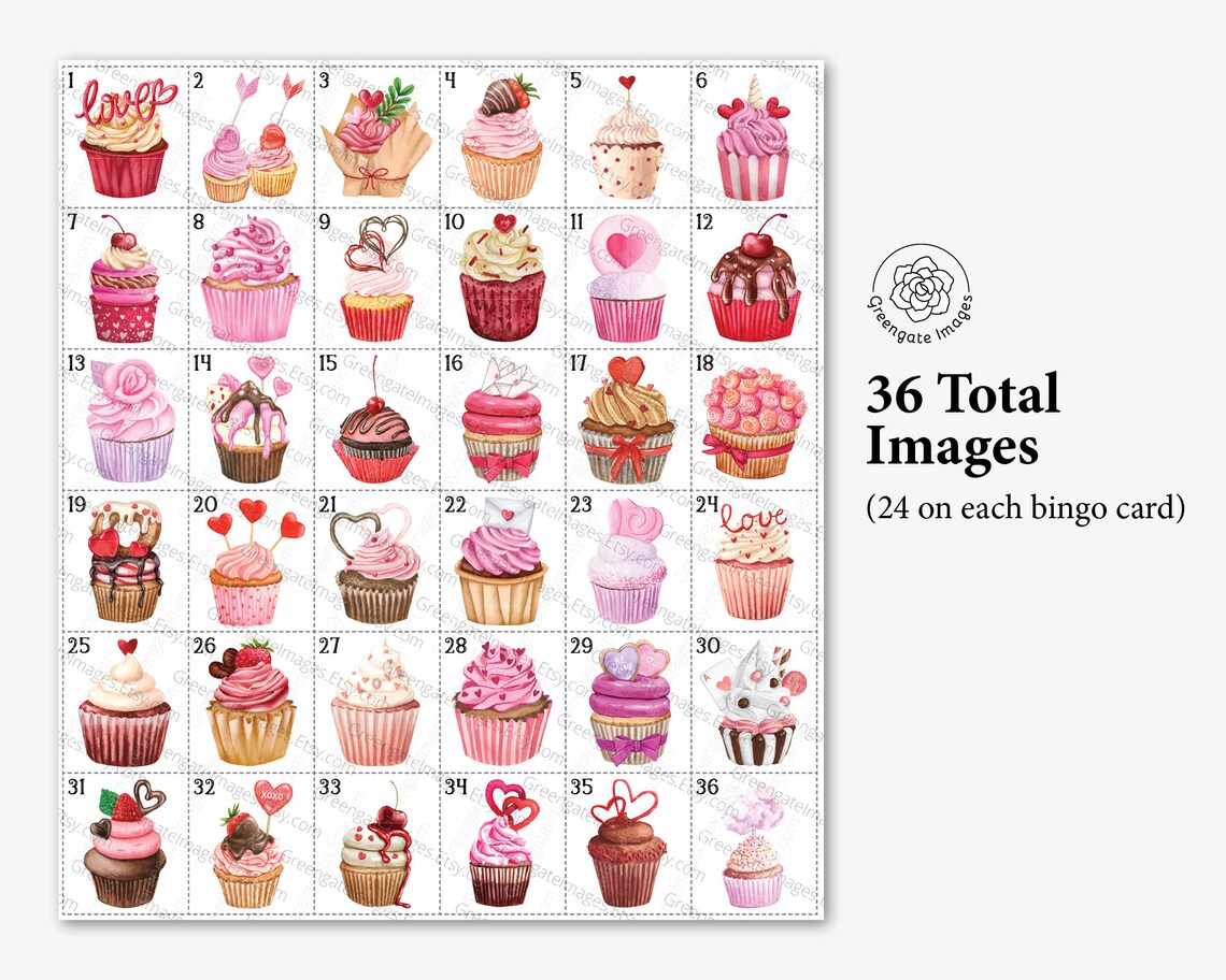 Valentine Cupcake Bingo - 50 PRINTABLE Unique Cards W/hand-painted ...