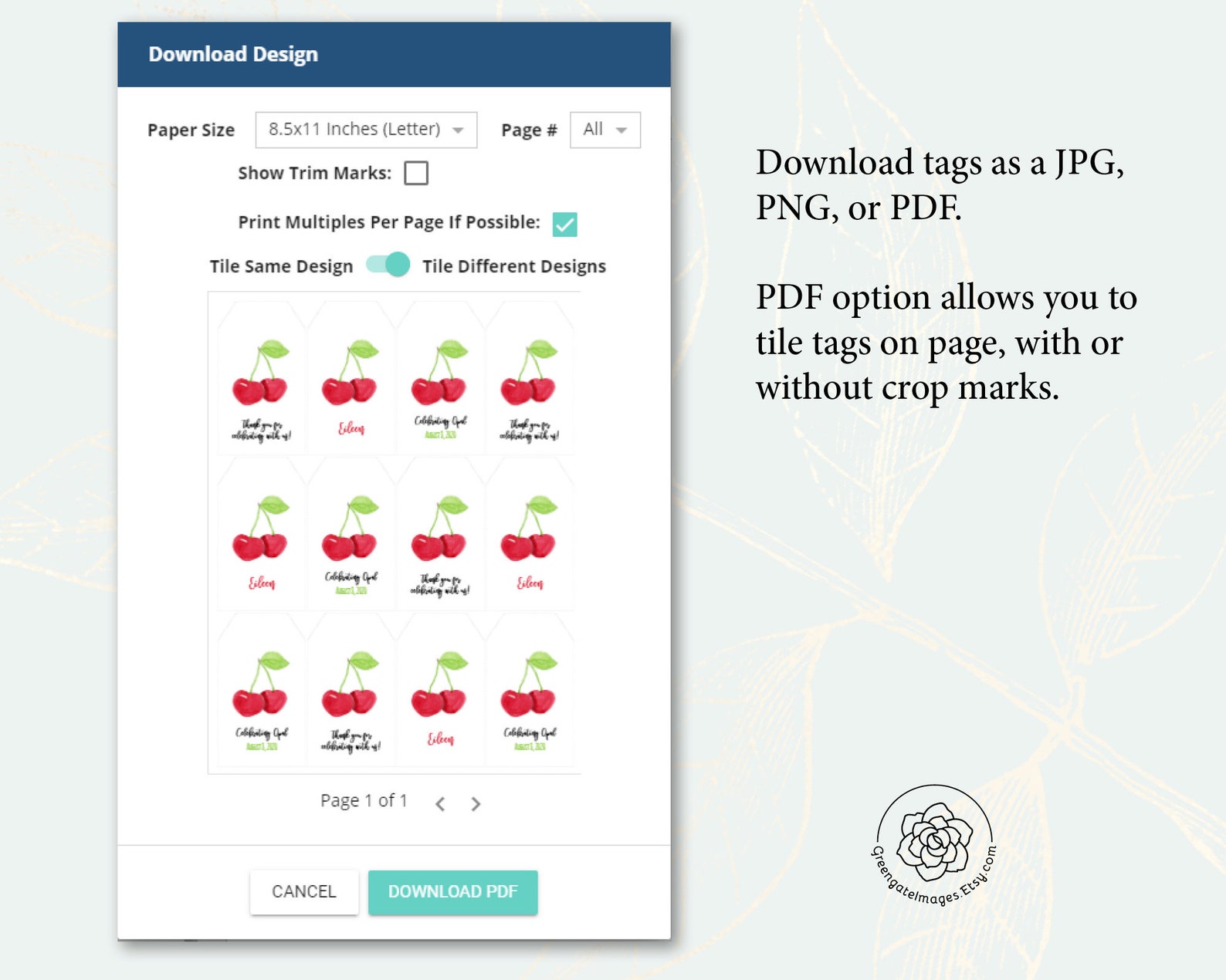 Cherry Gift Tags Printable Gift Tag Editable Corjl Favor - Etsy