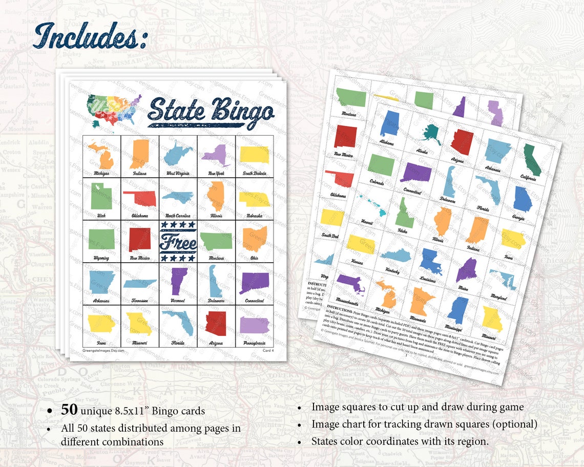 US State Bingo Set Printable Bingo Game 50 Cards Senior - Etsy