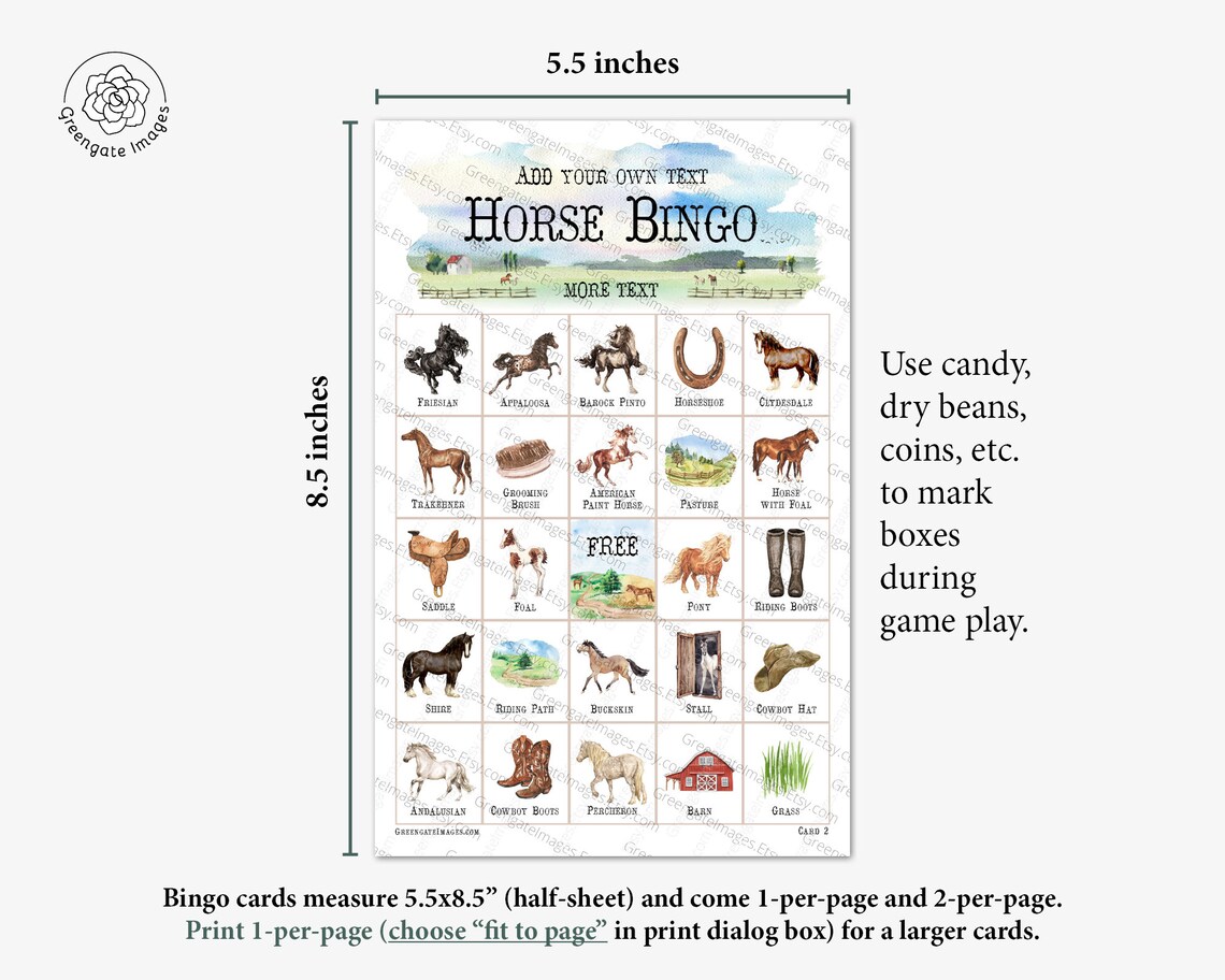 Horse Bingo: 50 Printable Bingo Cards Cowgirl Party Cowboy - Etsy