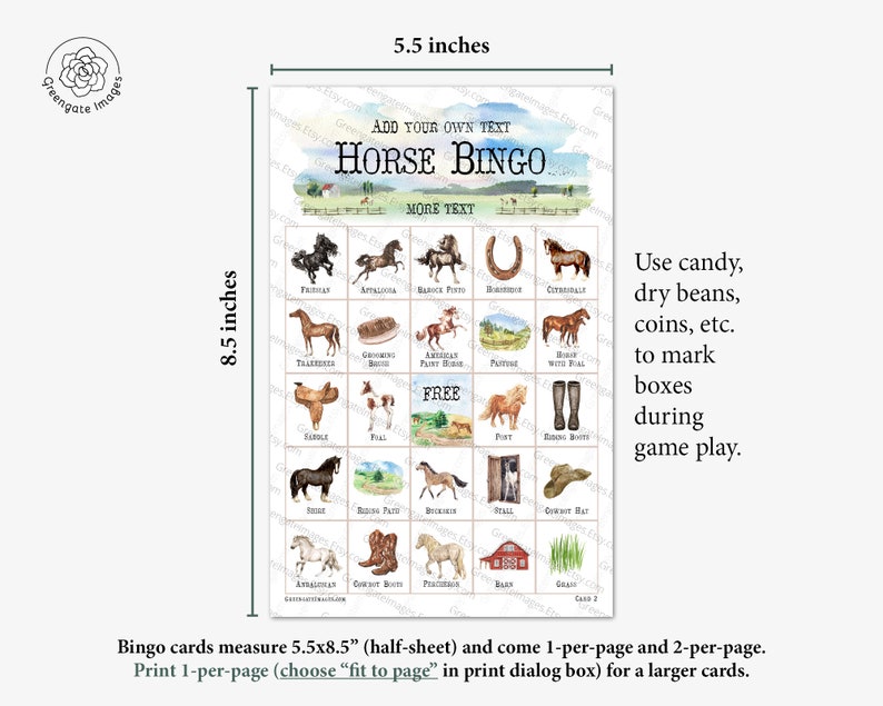 Horse Bingo: 50 Printable Bingo Cards Cowgirl Party Cowboy - Etsy