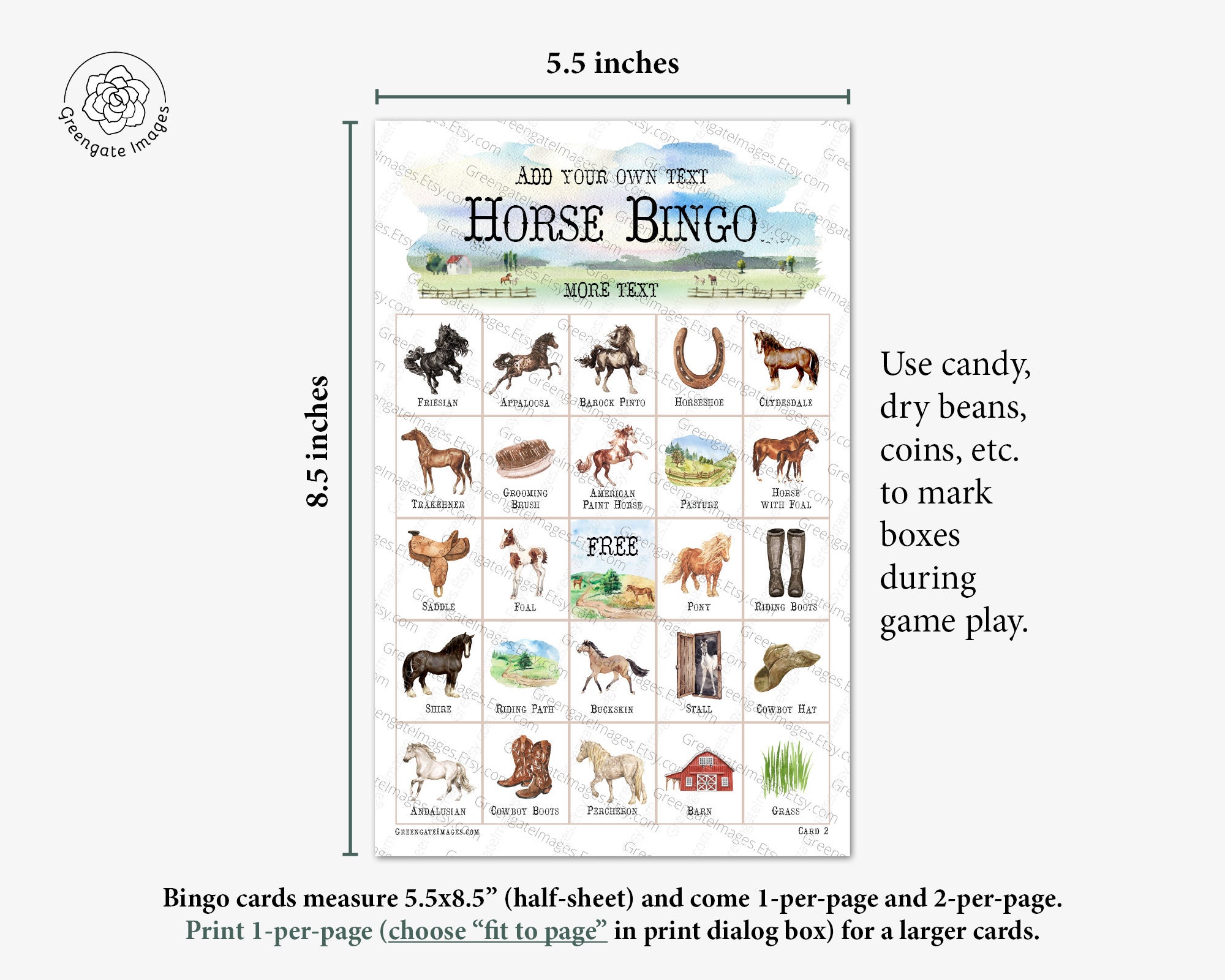 Horse Bingo: 50 Printable Bingo Cards - Cowgirl Party, Cowboy, Country ...