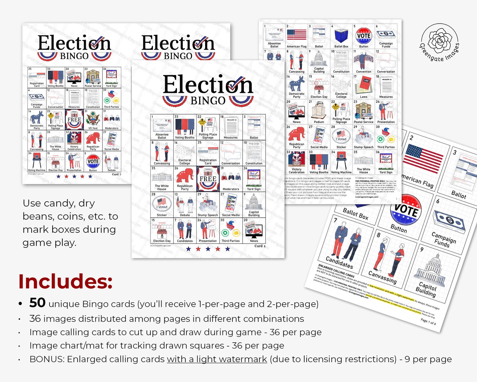 Election Bingo - 50 PRINTABLE Unique Cards. Instant Digital Download ...