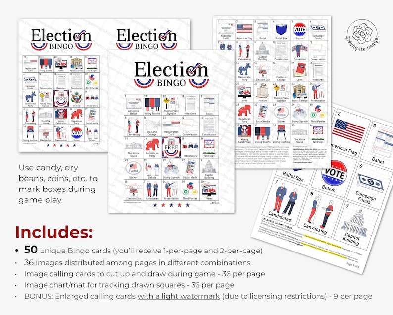 Election Bingo - 50 PRINTABLE Unique Cards. Instant Digital Download ...