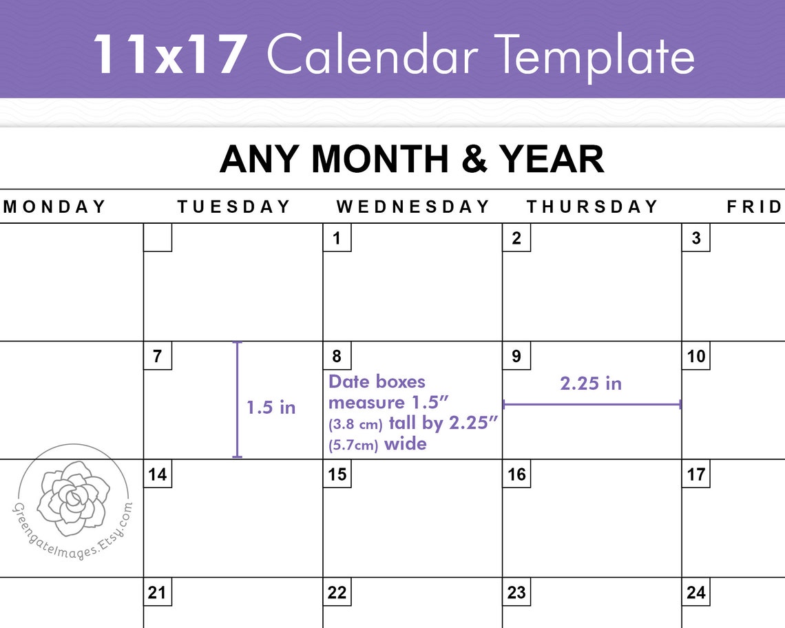 11x17 Calendar Template - Editable Landscape Calendar, Any Month, A3 ...