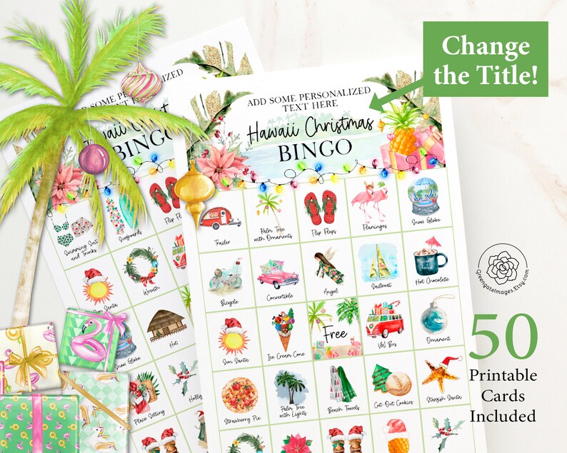 Tropical CHRISTMAS Bingo: 50 Printable Bingo Cards With Hawaii Island ...