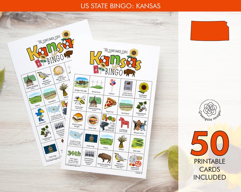 Kansas Bingo Cards - 50 PRINTABLE Unique Cards Download Instantly. Fun ...