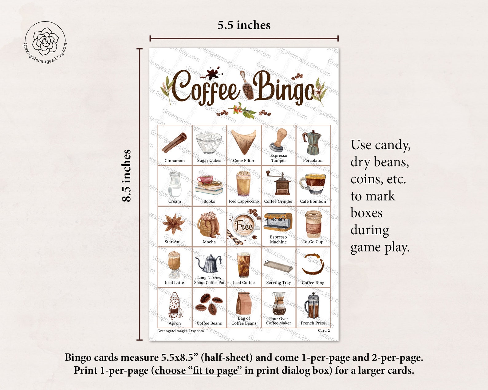 Coffee Bingo Cards: Printable Bingo Cards, Color Pictures, 50 Cards ...