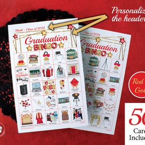 Graduation Bingo - 50 PRINTABLE Unique Cards. Bright Red and Gold Color ...