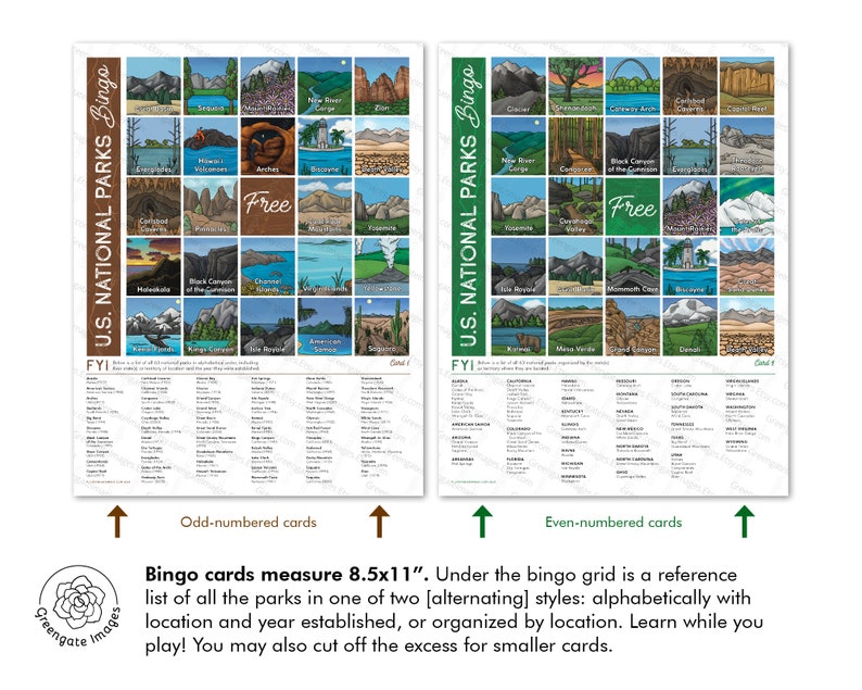 National Parks Bingo - 50 Cards, PRINTABLE, Senior Citizen Activities ...