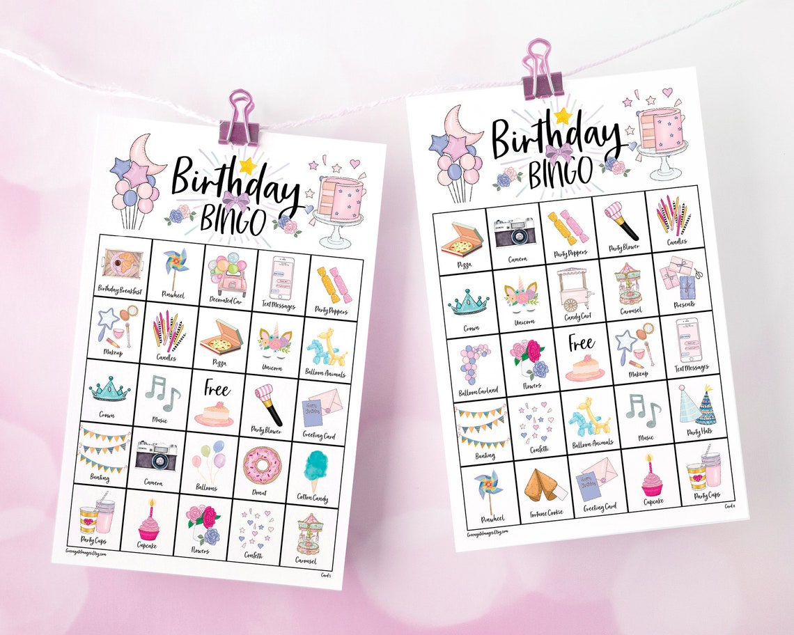 Birthday Bingo Cards: Printable Bingo Cards, 50 Cards, Girls Birthday ...