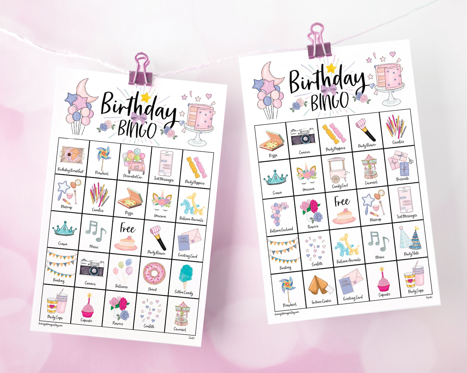 Birthday Bingo Cards: Printable Bingo Cards, 50 Cards, Girls Birthday ...