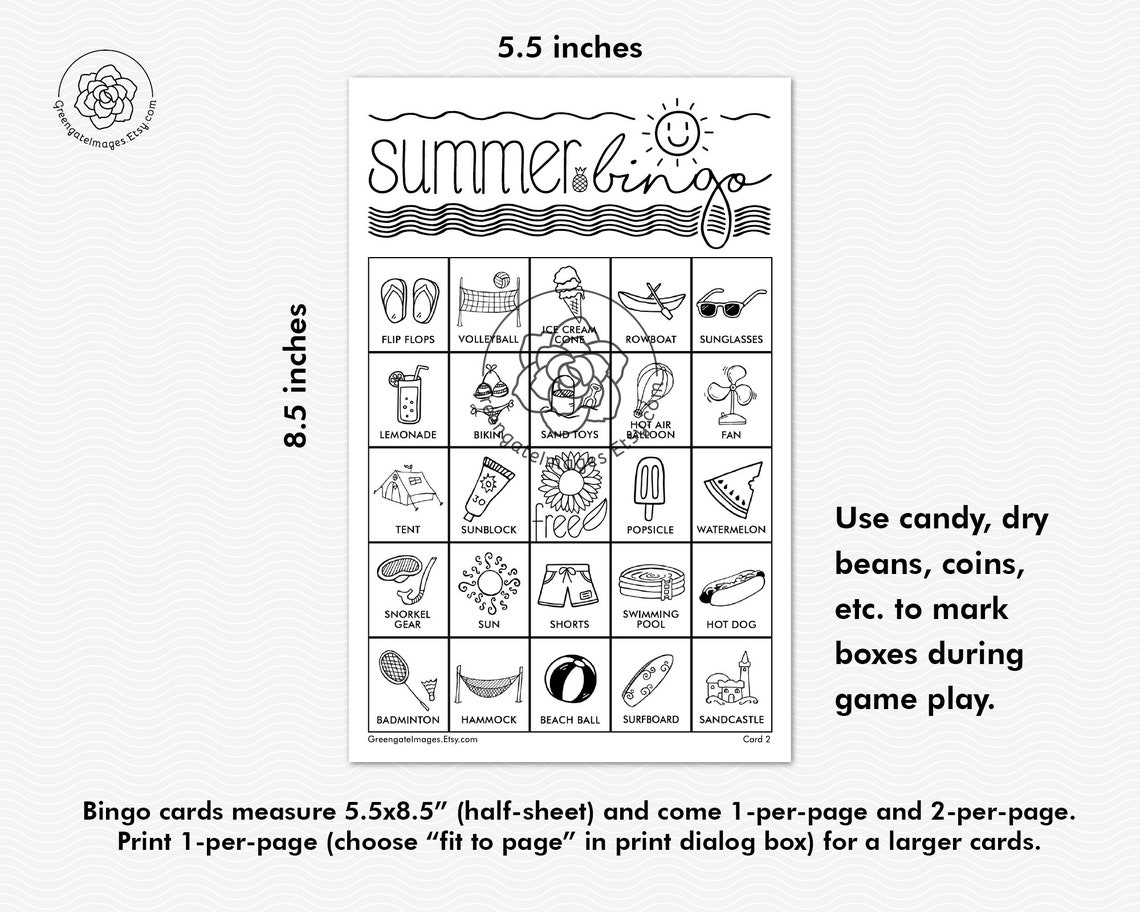 Summer Bingo Cards: Printable bingo cards black and white 50 | Etsy