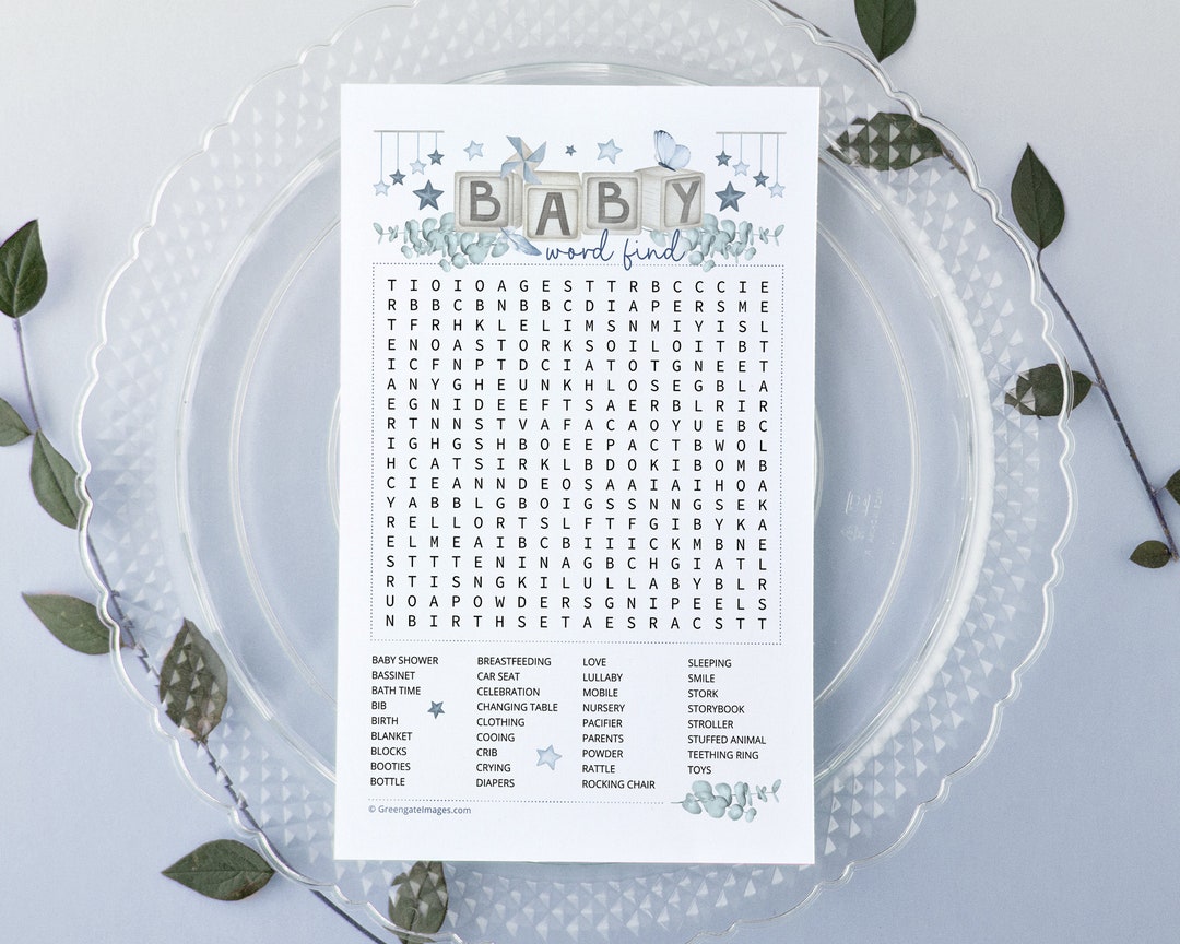 BLUE Baby Word Find - PRINTABLE Downloadable Activity. Baby Shower Word ...