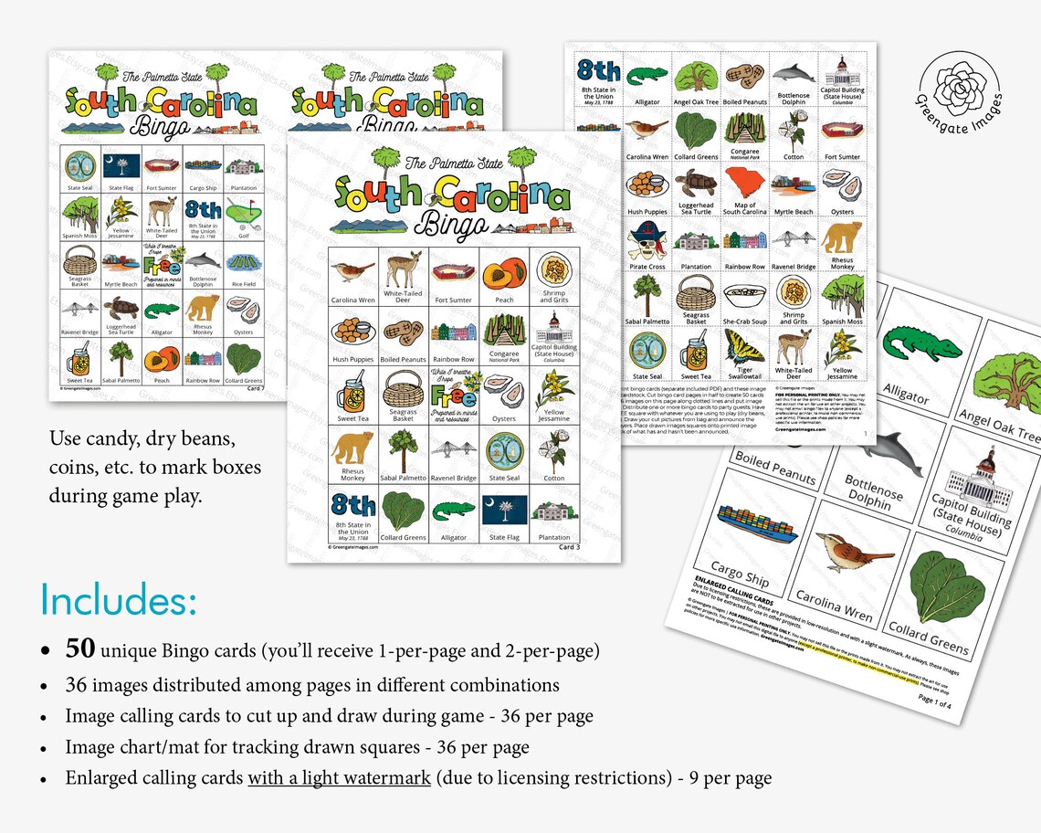 South Carolina Bingo Cards 50 PRINTABLE Unique Cards. - Etsy