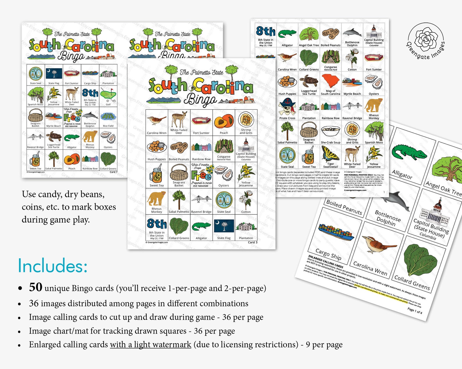 South Carolina Bingo Cards 50 PRINTABLE Unique Cards. - Etsy
