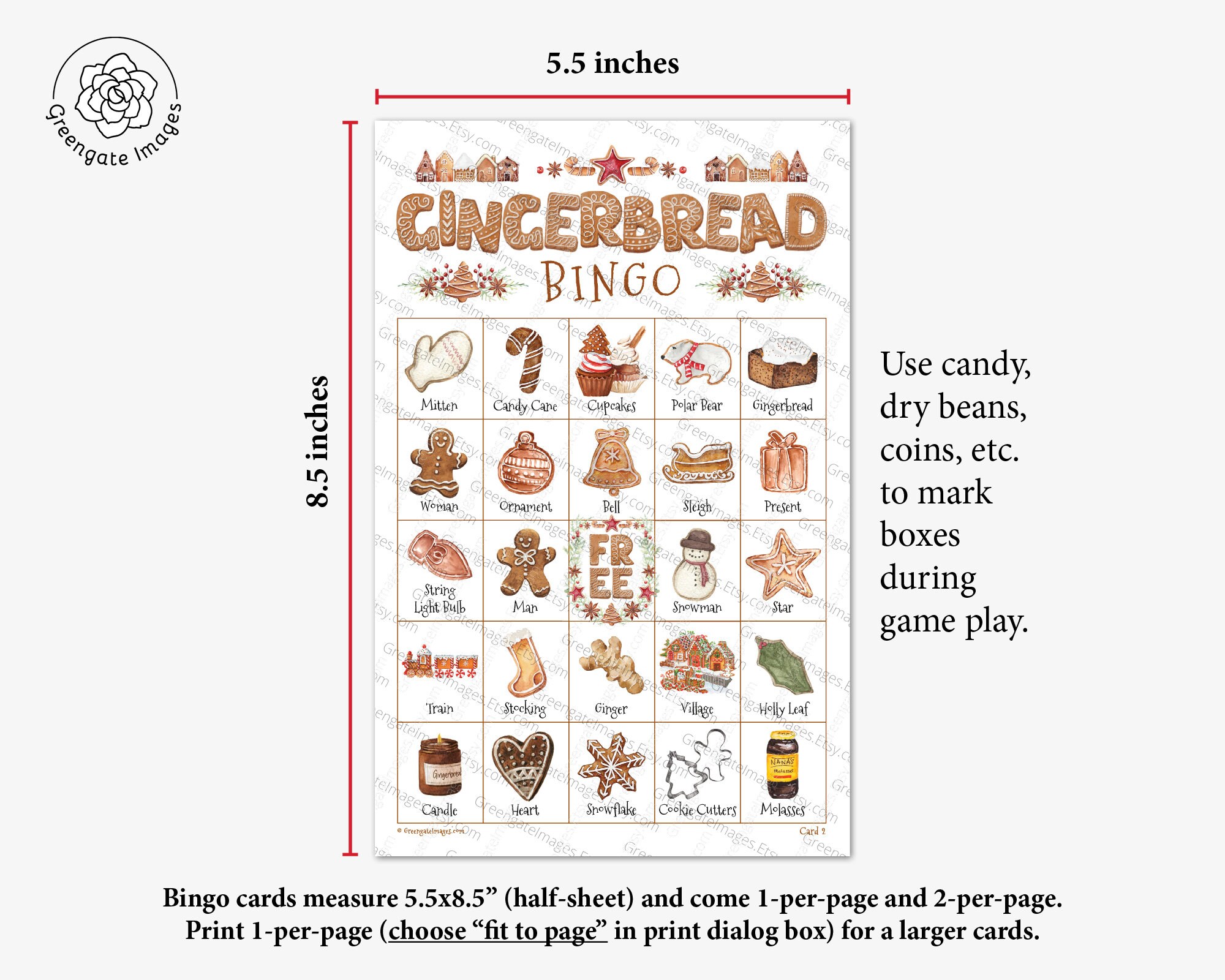 Gingerbread Bingo Cards - 50 PRINTABLE Unique Cards, Download, Senior ...