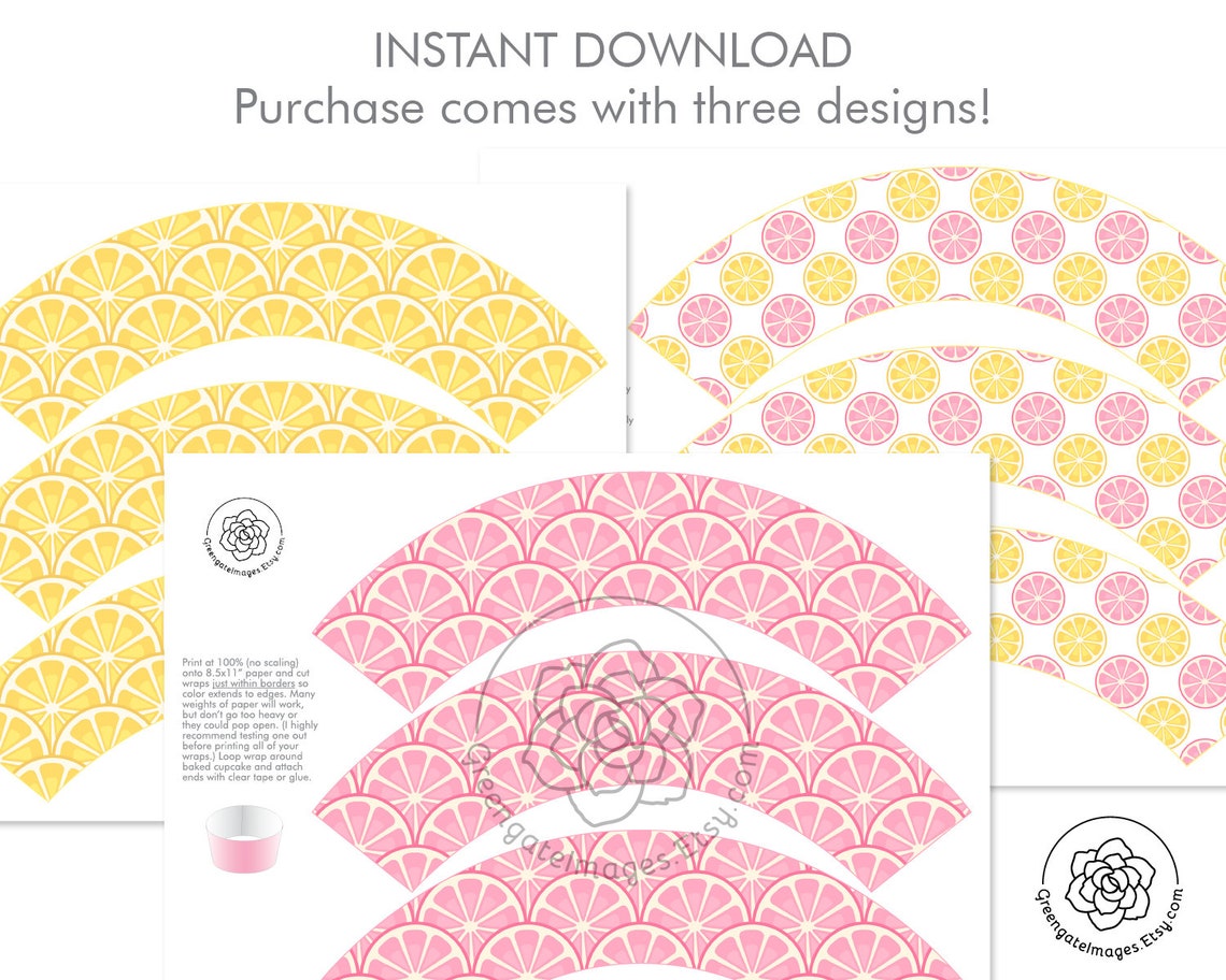 Pink Lemon Cupcake Wrappers - Printable Cupcake Wraps, Pink and Yellow ...