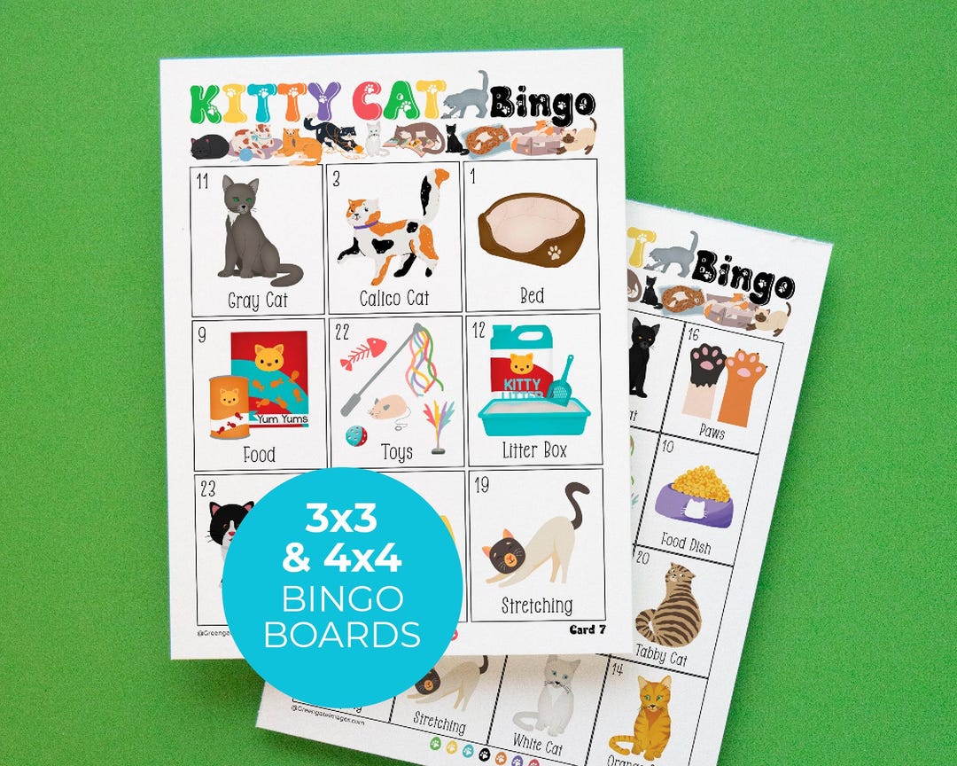 Kitty Cat Bingo for Kids - 50 PRINTABLE Unique Cards. 3x3 & 4x4 Large ...
