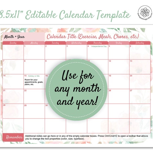 Editable Monthly Calendar Printable Monthly Calendar Template - Etsy