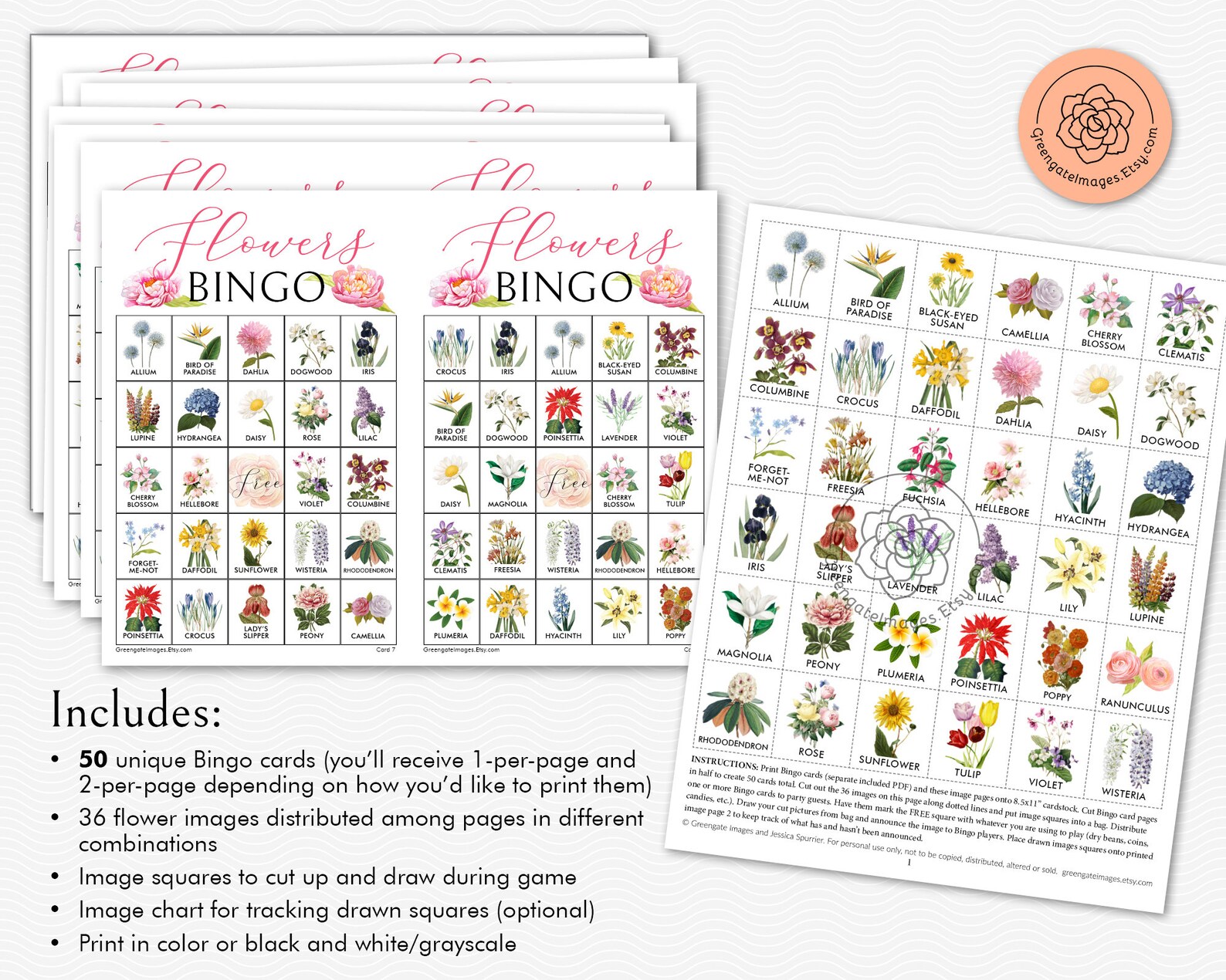 Flower Bingo Cards: Printable Bingo 50 Cards Senior Citizen | Etsy