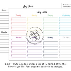 Printable Weekly Planner - Editable List Page, Color and Black Version ...