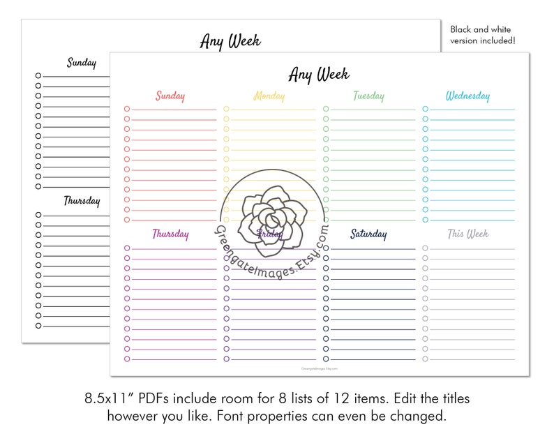 Printable Weekly Planner - Editable List Page, Color and Black Version ...