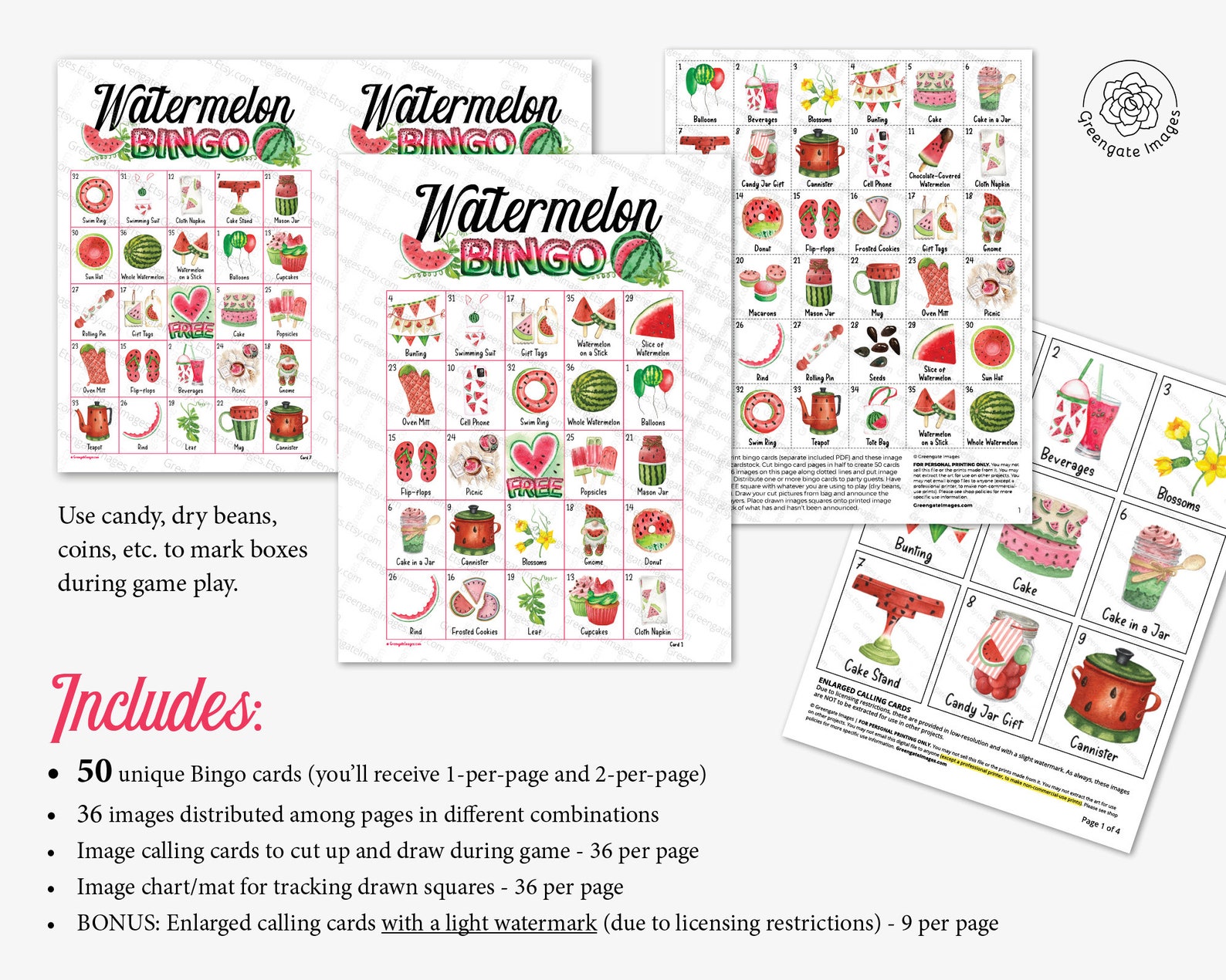 Watermelon Bingo 50 PRINTABLE Unique Cards. Instant Digital Download ...