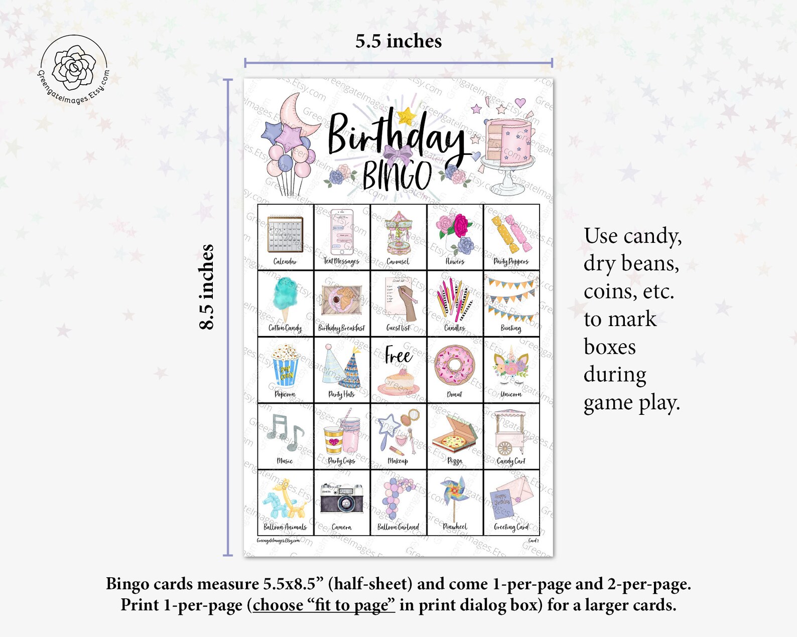 Birthday Bingo Cards: Printable Bingo Cards, 50 Cards, Girls Birthday ...
