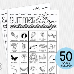 Summer Bingo Cards: Printable Bingo Cards, Black and White, 50 Cards ...