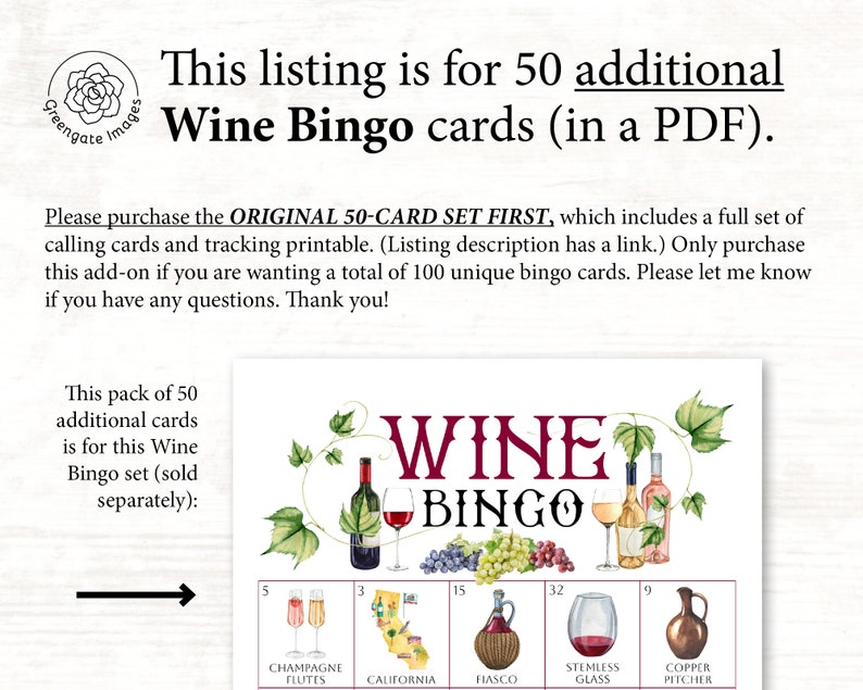 ADD-ON: 50 Additional Wine Bingo Cards (numbered 51-100) to Go With the ...