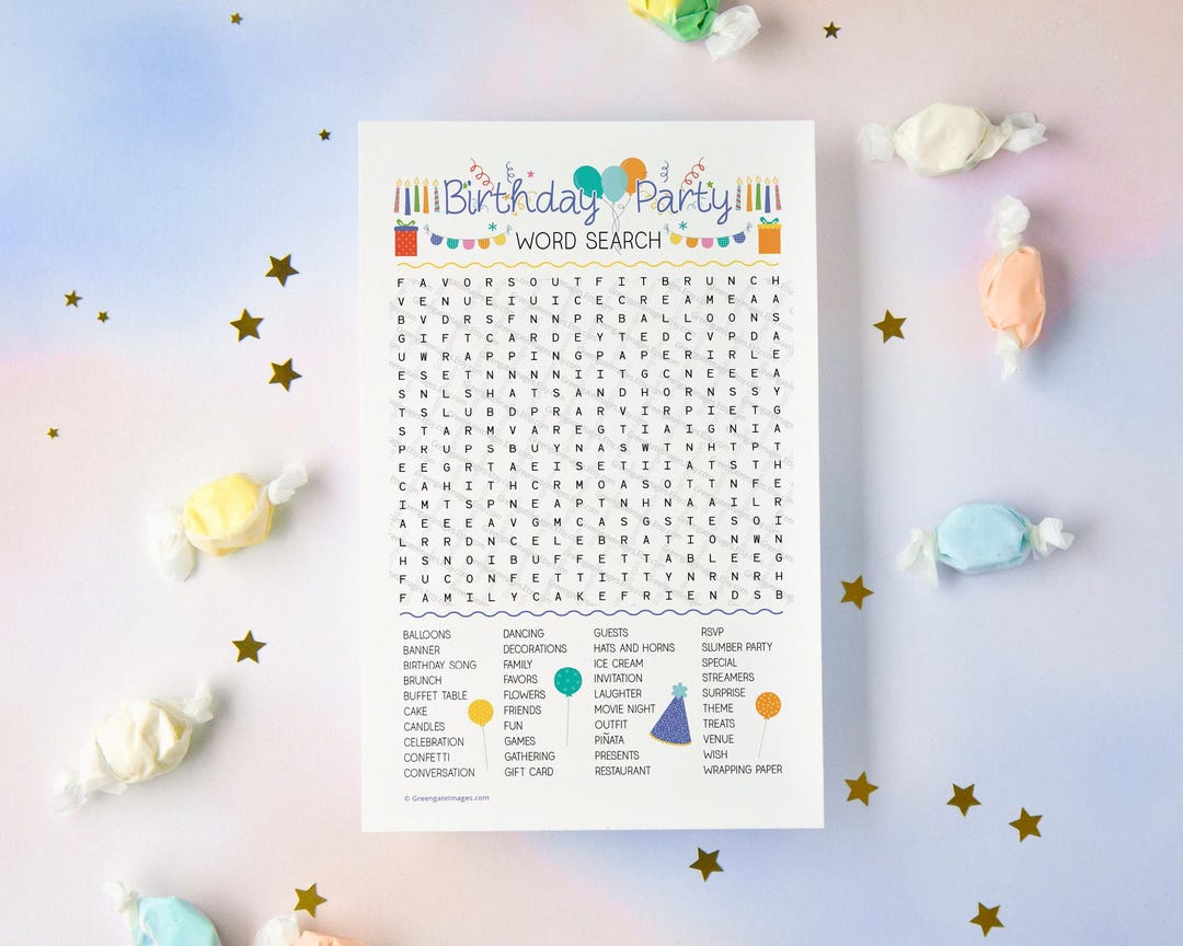 Birthday Party Word Search - PRINTABLE Downloadable PDF. Fun Word Find ...