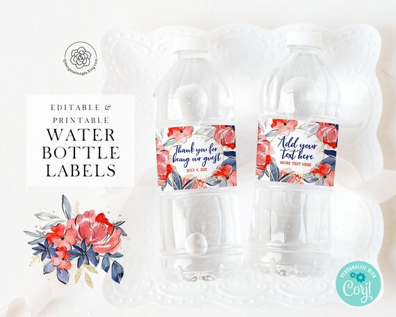Patriotic Floral Water Bottle Label Printable Corjl | Etsy