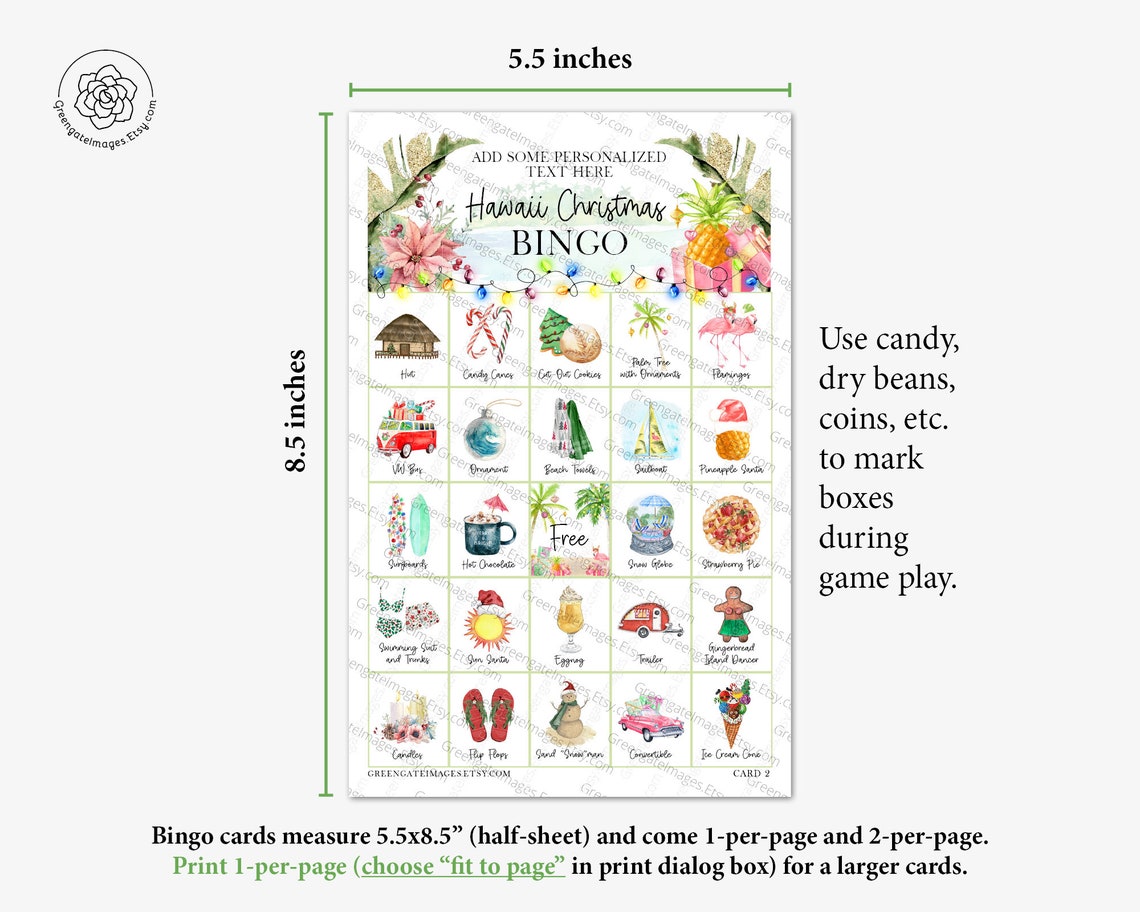 Tropical CHRISTMAS Bingo: 50 Printable Bingo Cards With Hawaii Island ...