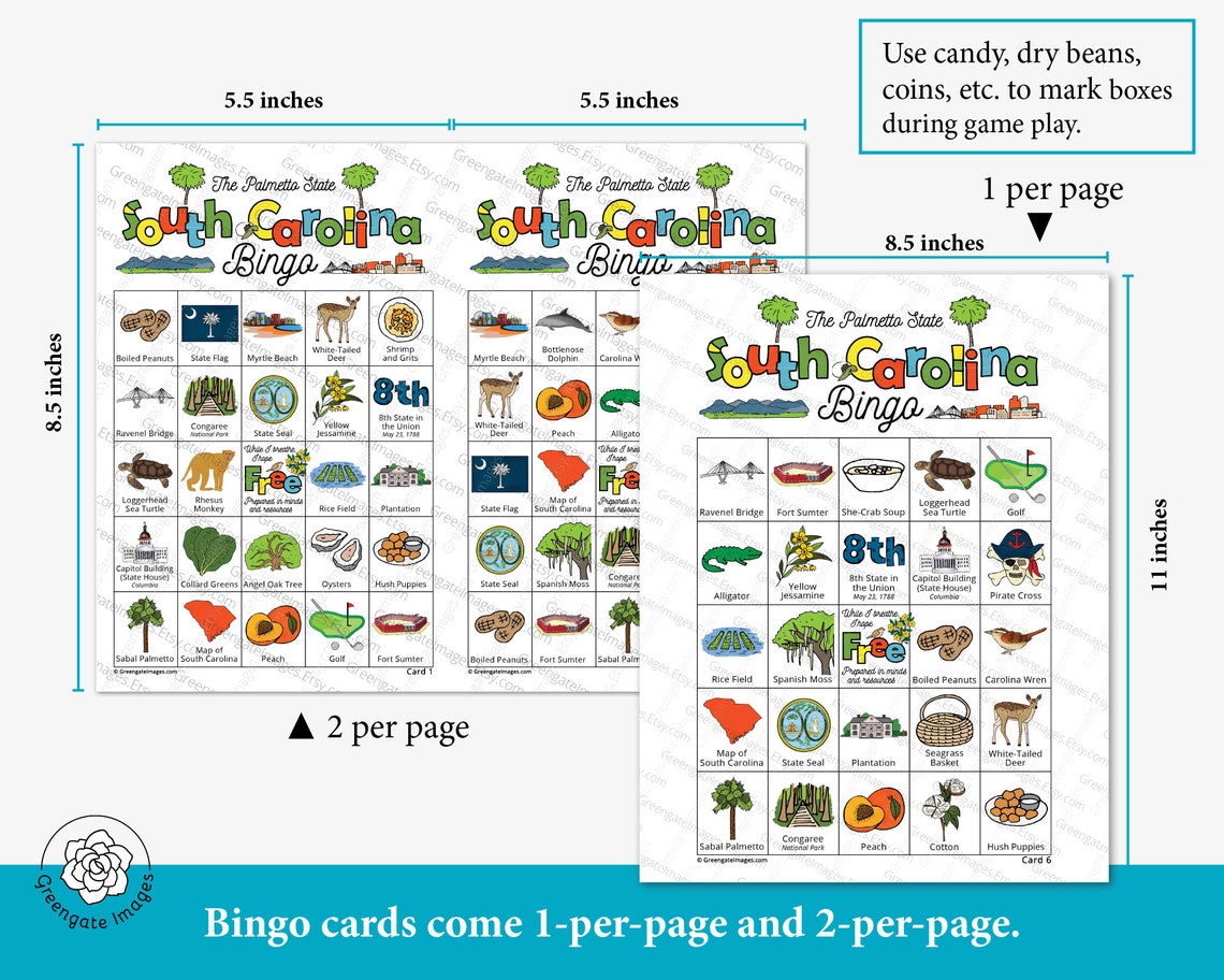 South Carolina Bingo Cards 50 PRINTABLE Unique Cards. - Etsy