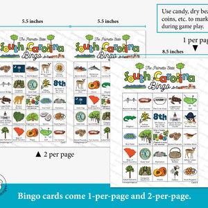 South Carolina Bingo Cards - 50 PRINTABLE Unique Cards. Download Instantly. SC State Activity ...