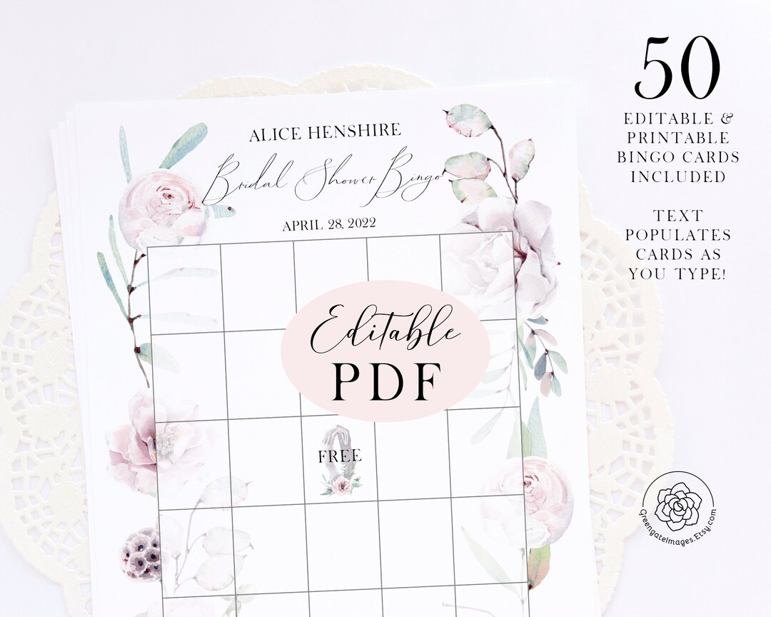 FILLABLE Bridal Bingo Template: 50 Cards Printable Bingo Pdf, Editable ...