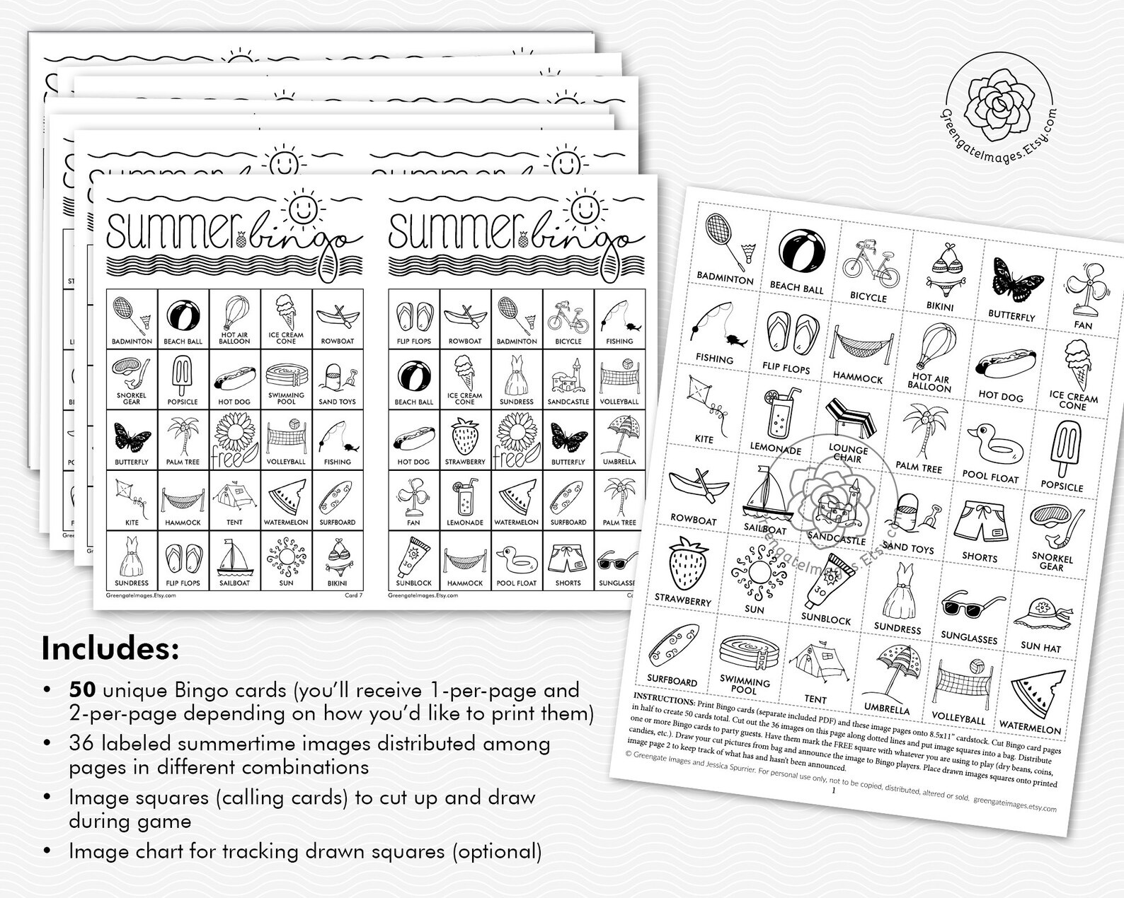 Summer Bingo Cards: Printable Bingo Cards, Black and White, 50 Cards ...